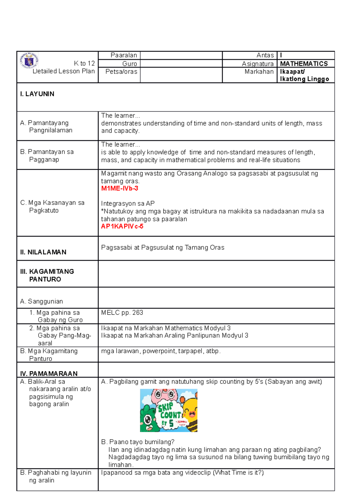 Q4 MOV DLL Math Paggamit ng orasan - K to 12 Detailed Lesson Plan ...