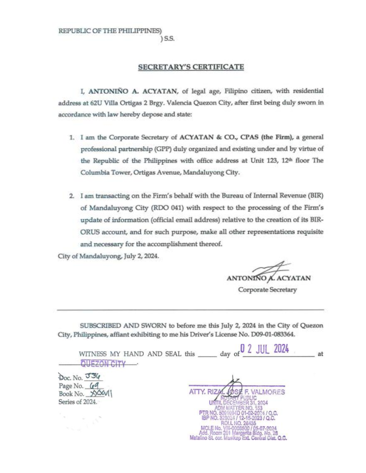 Secretary Certificate for ORUS Update - REPUBLIC OF THE PHILIPPINES ...