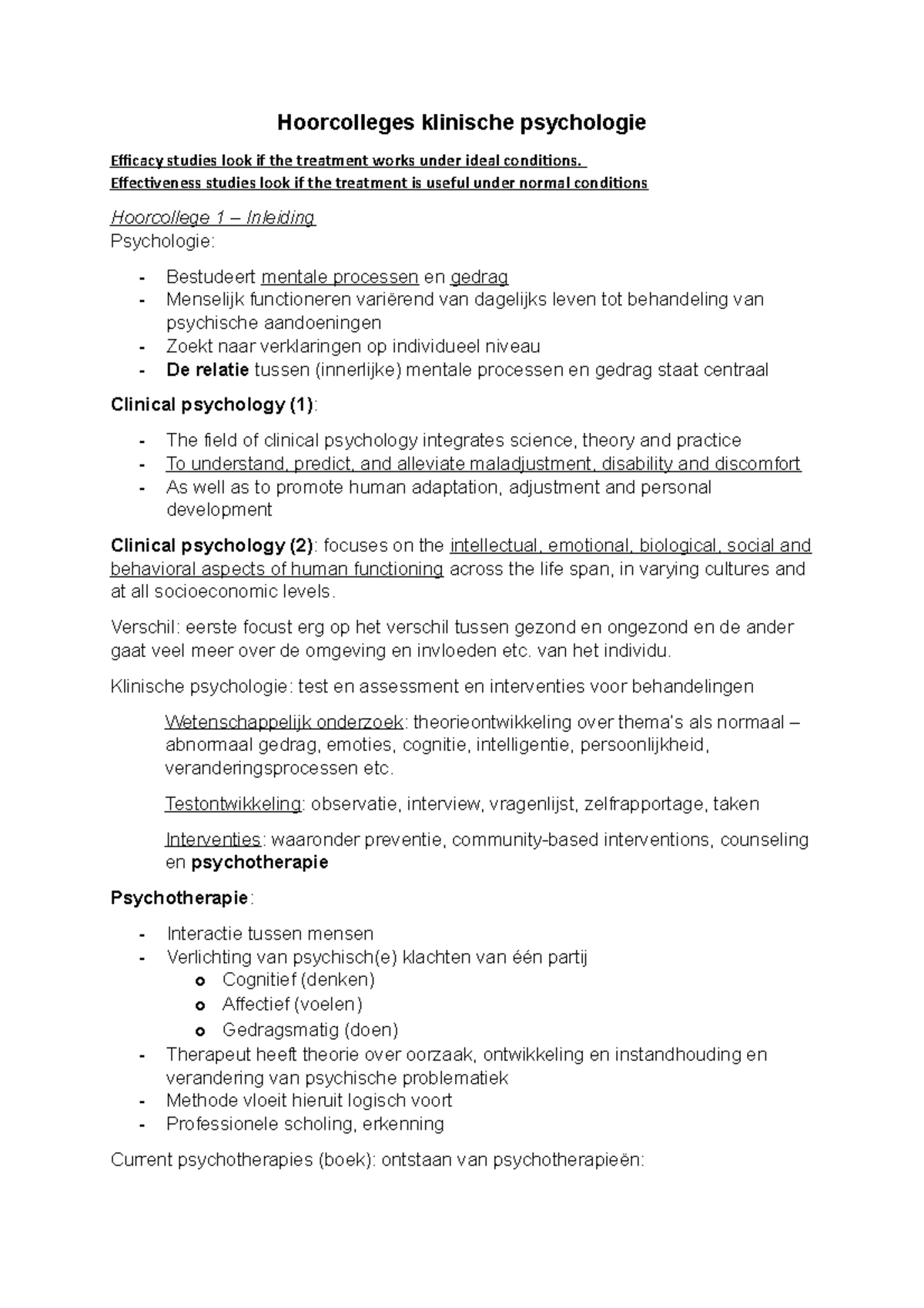 Hoorcolleges Klinische Psychologie Hoorcolleges Klinische Psychologie