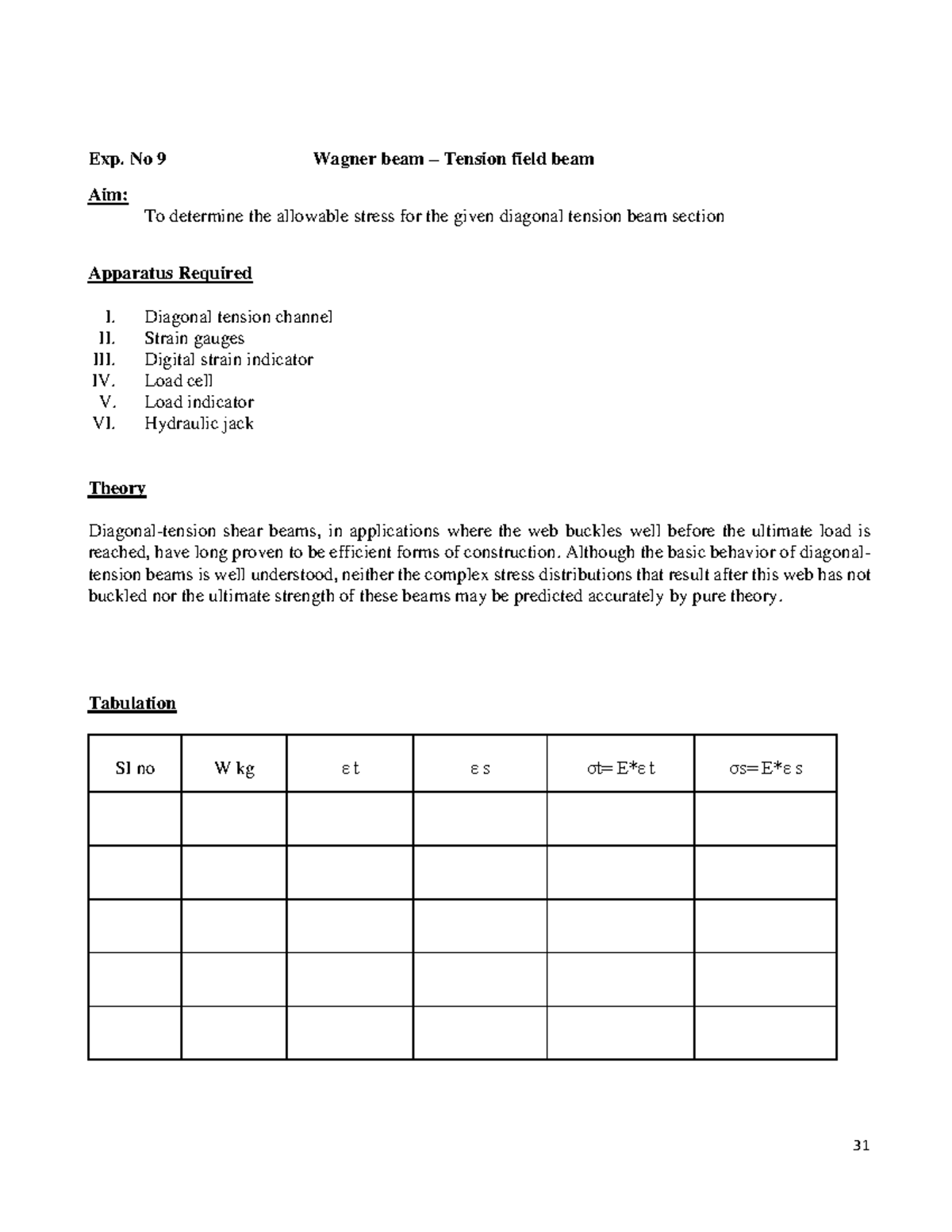Wagner beam - waganr beam - 31 Exp. No 9 Wagner beam – Tension field ...