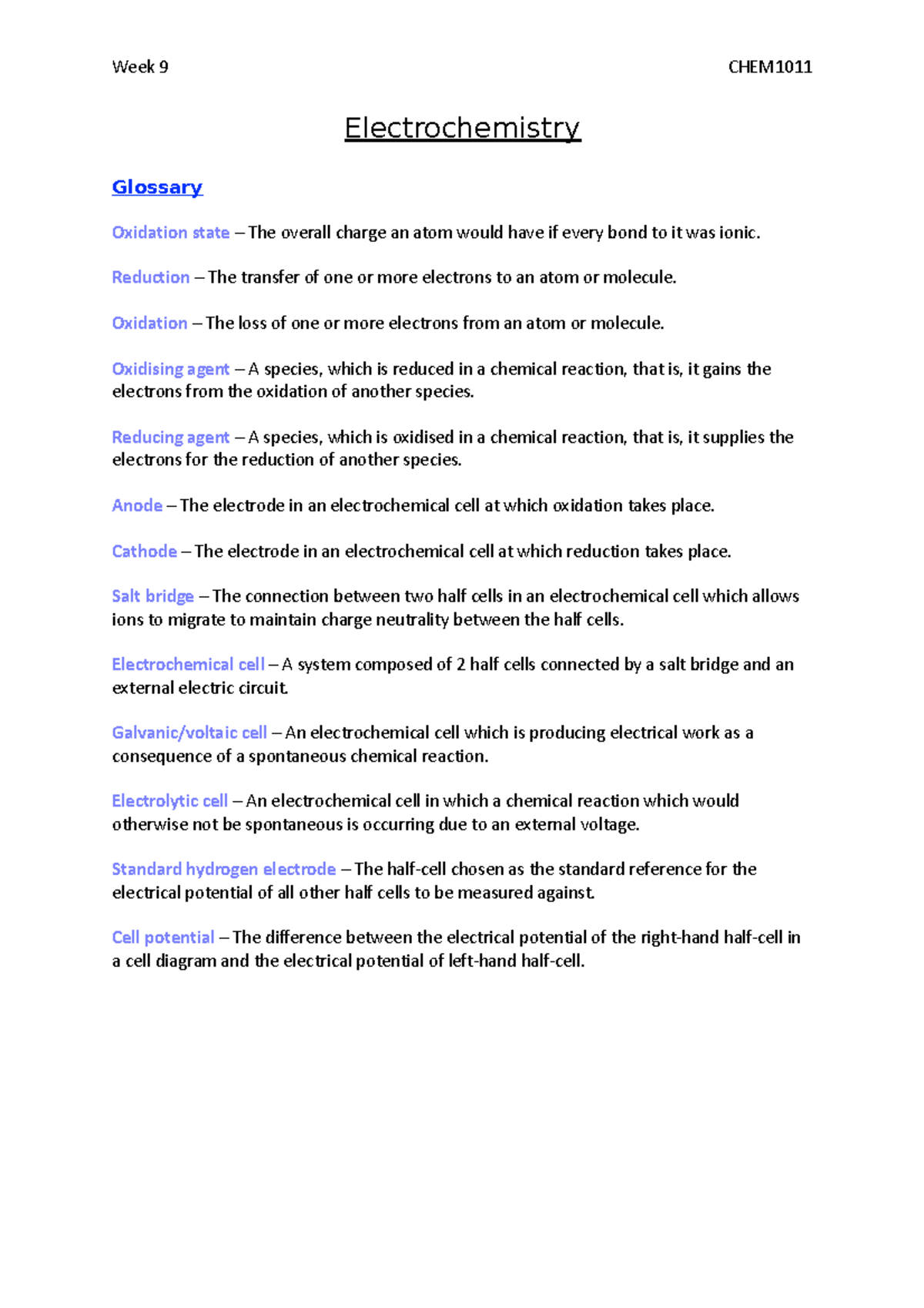 8. Electrochemistry - notes for electrochem - Week 9 CHEM ...