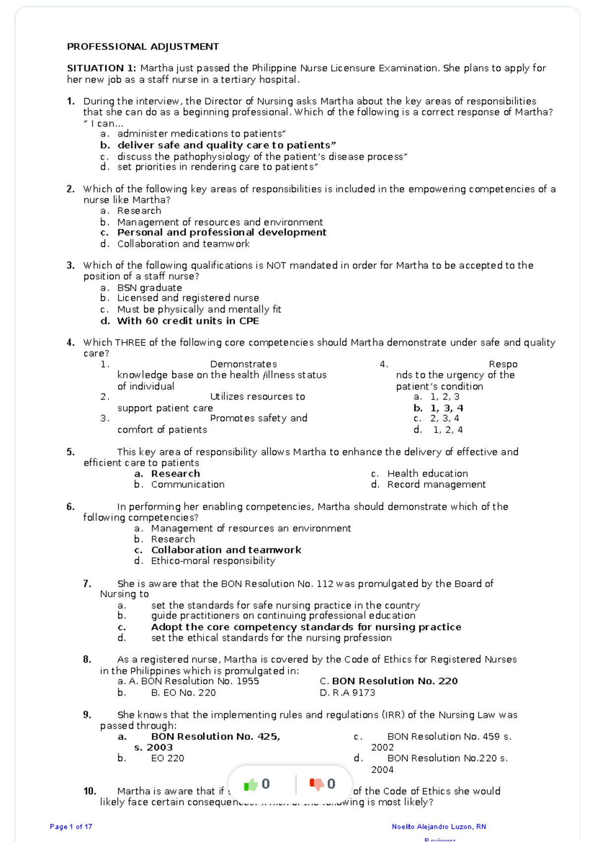Pnle-reviewer-part-1 compress - PROFESSIONAL ADJUSTMENT SITUATION 1: Martha just passed the ...