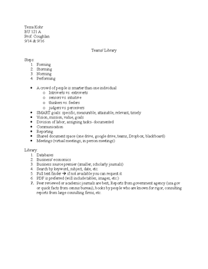 Week 5 - week 5 class notes - Tessa Kohr BU 121 A Prof. Coughlan 9/28 ...