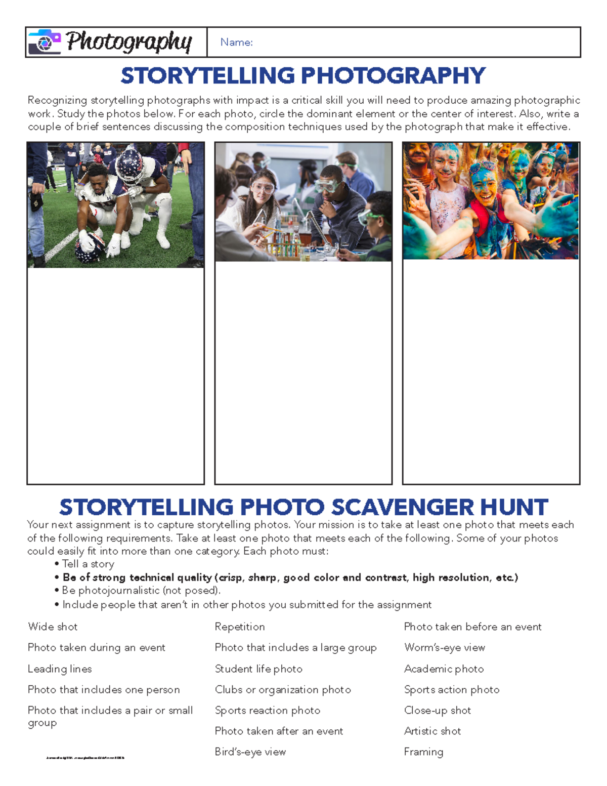 Photography Yearbook Storytelling Photo Journalism Worksheet Scavenger ...