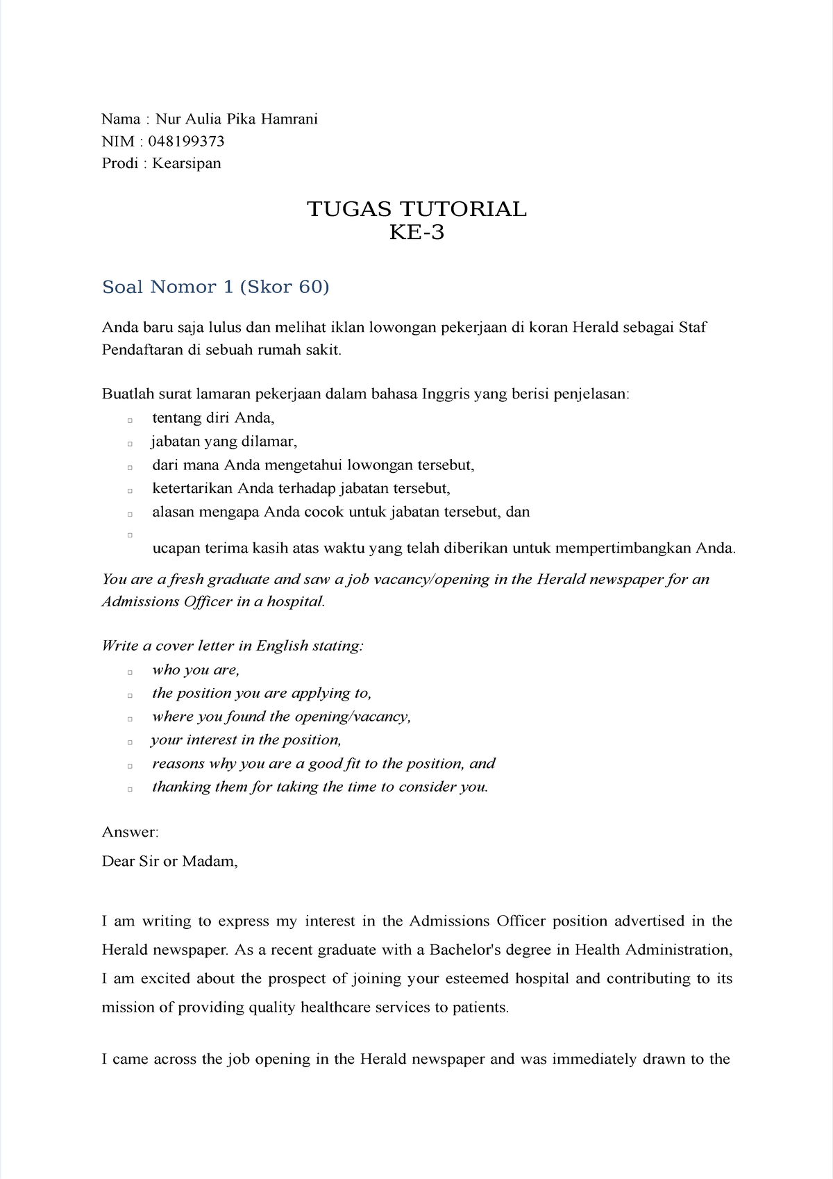 Pdf-tugas-tuton-3 compress - I came across the job opening in the Herald newspaper and was - Studocu