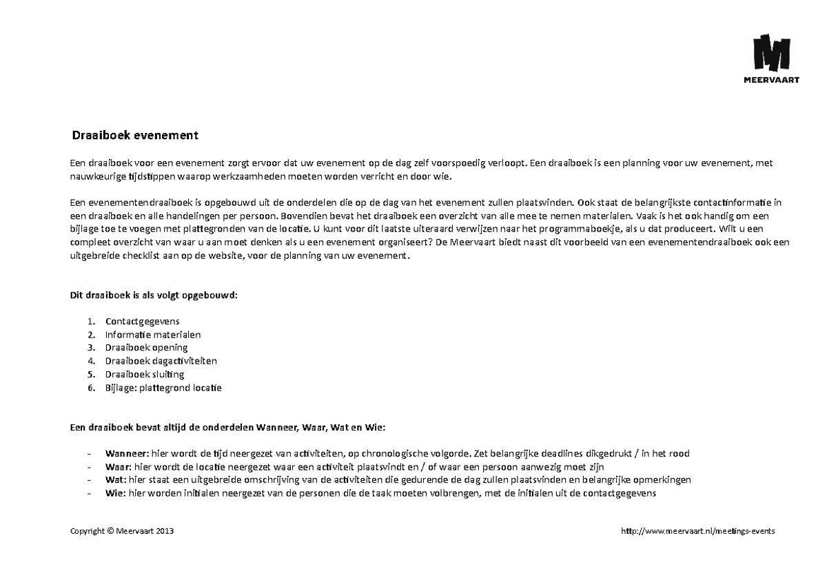 Meervaart-voorbeeld-draaiboek - Draaiboek evenement Een draaiboek voor ...