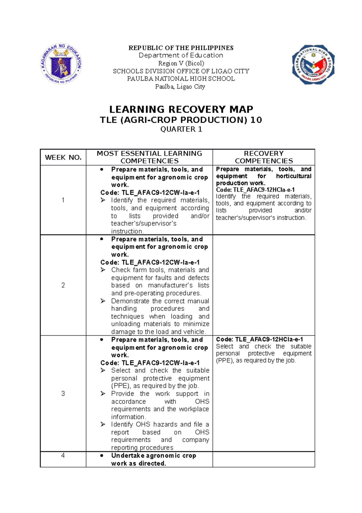 Learning Recovery MAP 10 - REPUBLIC OF THE PHILIPPINES Department of ...