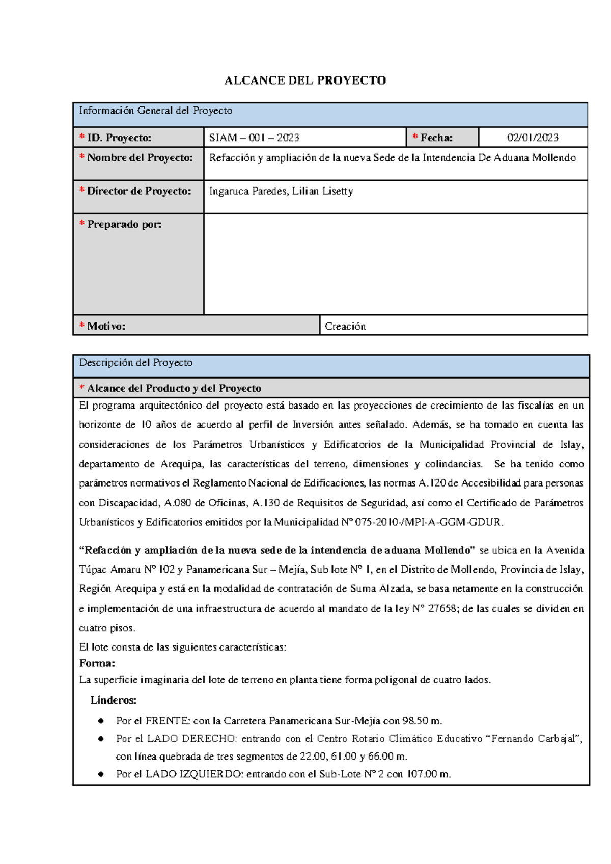 Alcance modelo - ALCANCE DEL PROYECTO Información General del Proyecto ...
