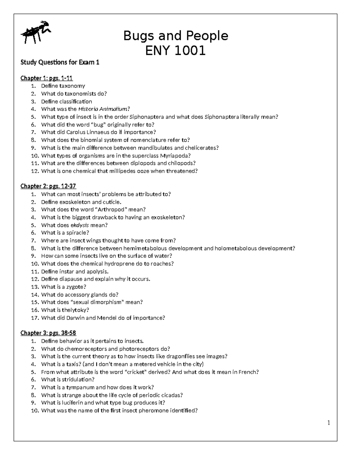 ENY1001 Exam 1 Study Guide textbook - Bugs and People ENY 1001 Study ...