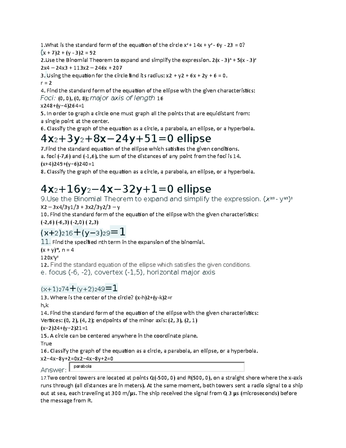 Pre-Calculus Week 1-10 - 1 is the standard form of the equation of the ...