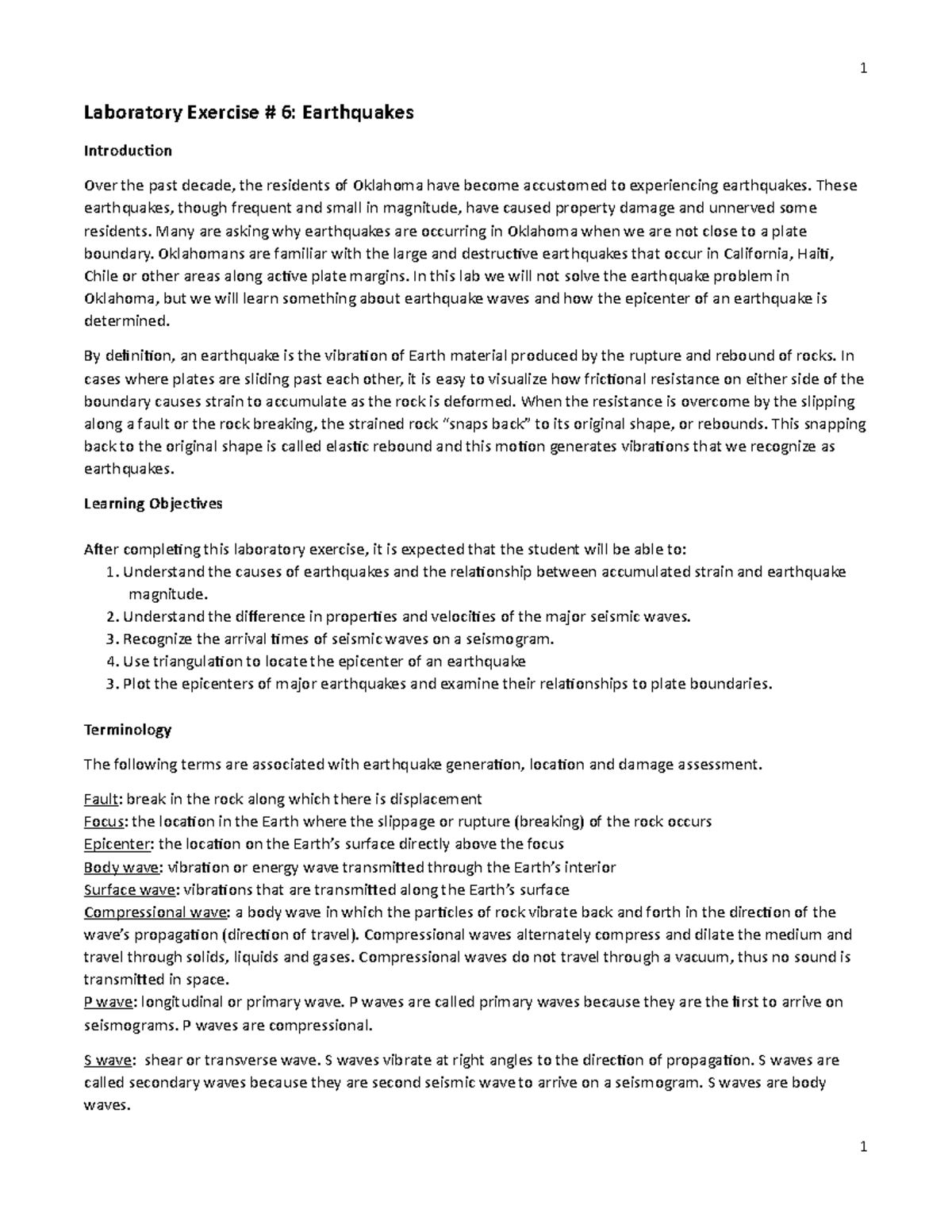 Laboratory Exercise 6 Earthquakes- Kyeria Joseph - Laboratory Exercise # 6: Earthquakes ...
