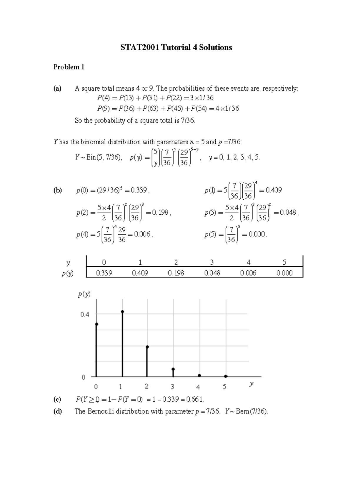 Solutions for Week 4 - STAT2001 TUTE 04 Sols Page 1 of 3 STAT2001 Tutorial 4 Solutions Problem 1 ...