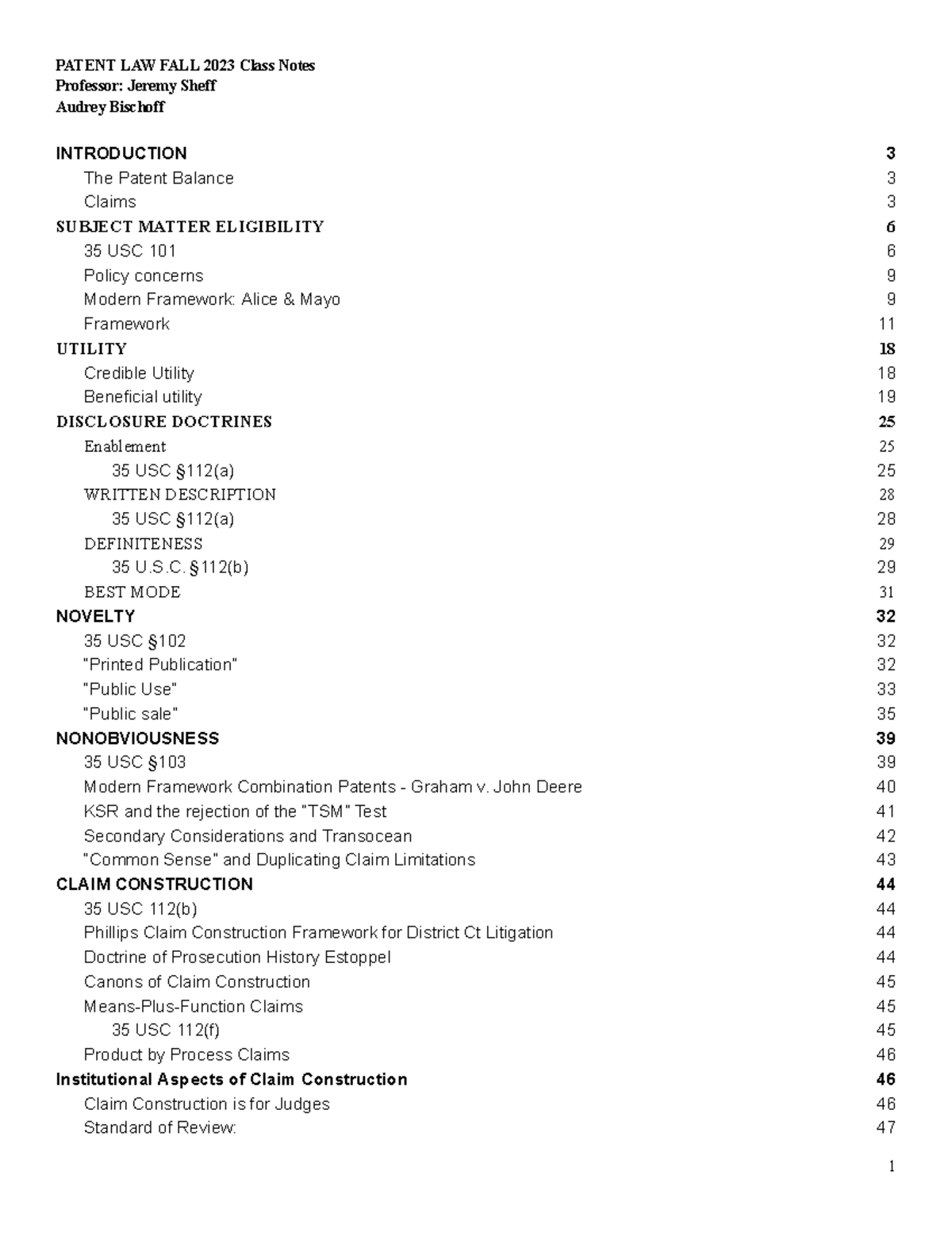 Patent Law Class Notes - PATENT LAW FALL 2023 Class Notes Professor ...