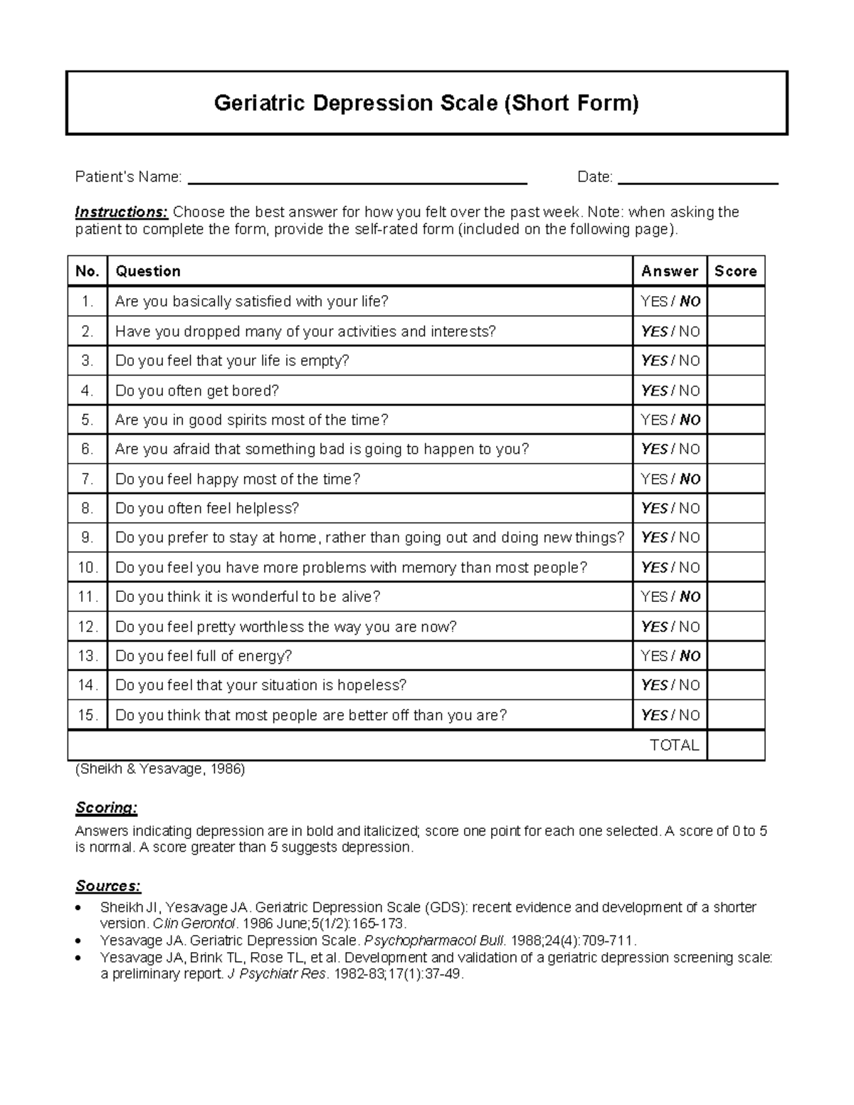Geriatric Depression Scale-15 (short version) - - Studocu