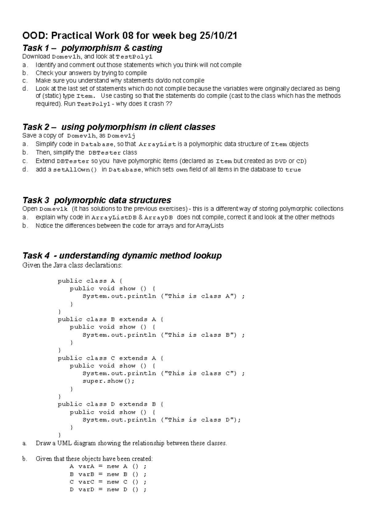 08 Polymorphism Exercise Ood Practical Work 08 For Week Beg 2510 Task 1 Polymorphism 