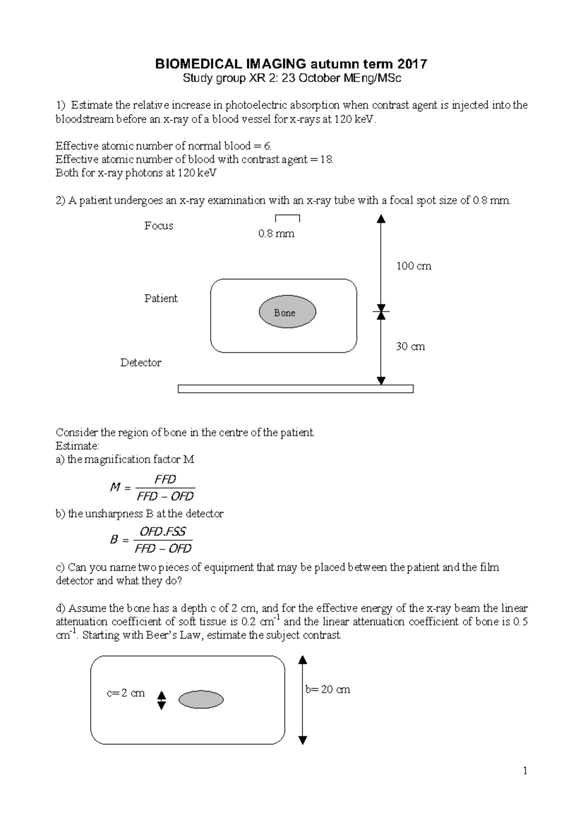 Study group 2 problem sheet - x-rays - from 2019 - 1 BIOMEDICAL IMAGING ...