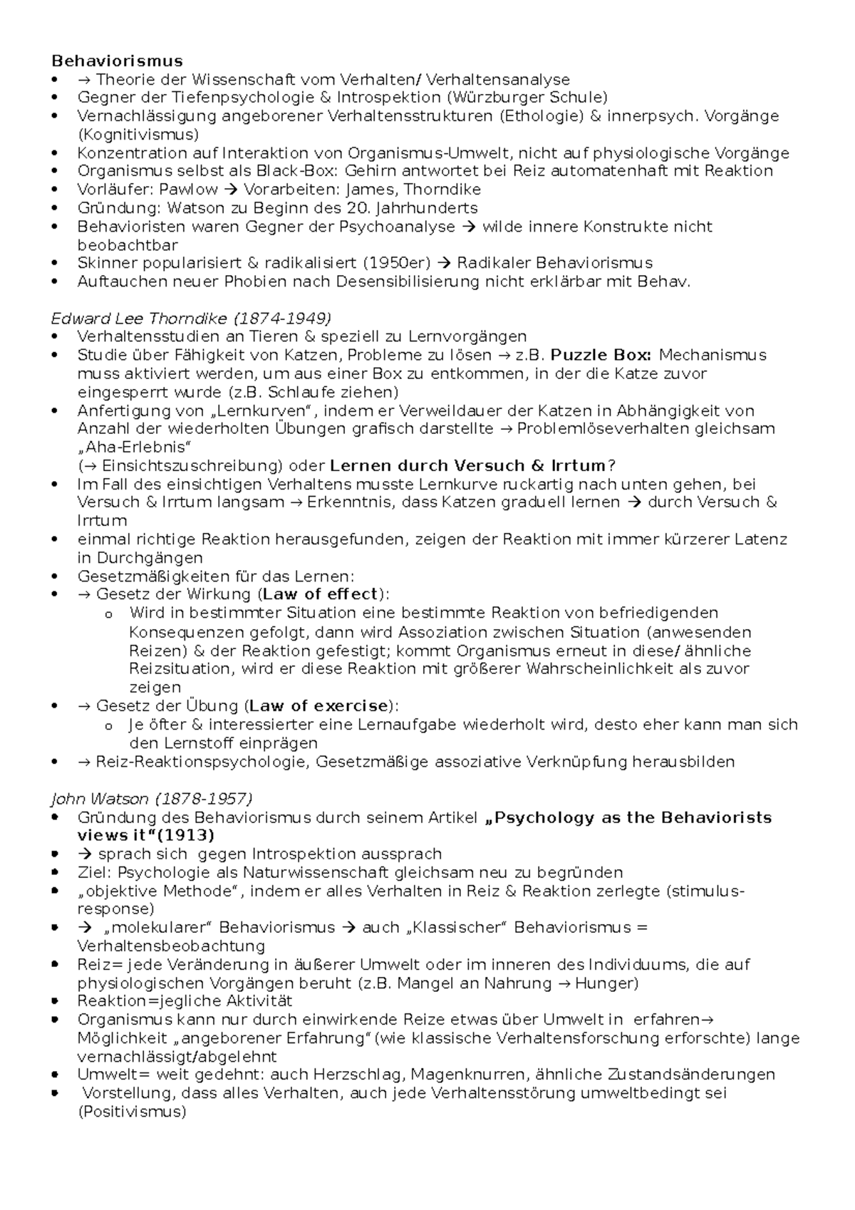 Behaviorismus Zusammenfassung - Behaviorismus → Theorie der ...
