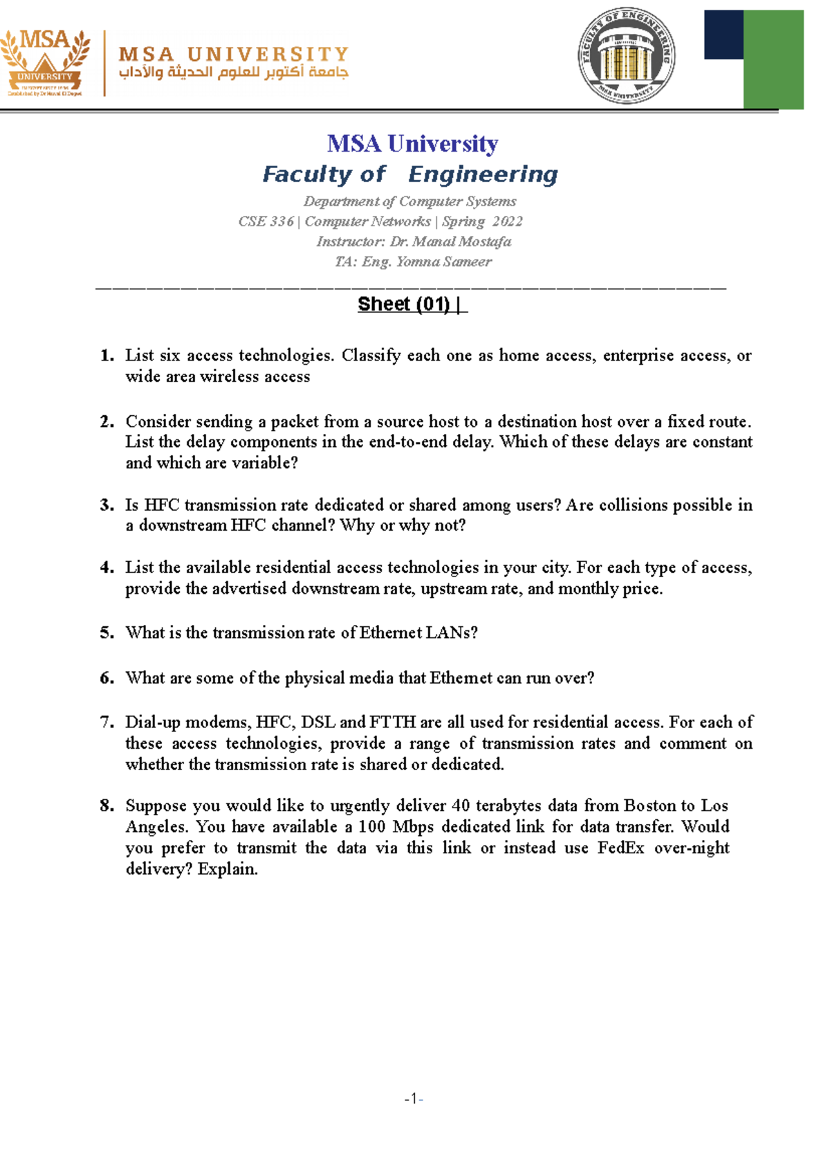 Sheet 1 CSE 366 - iid - MSA University Faculty of Engineering Department of Computer Systems CSE ...