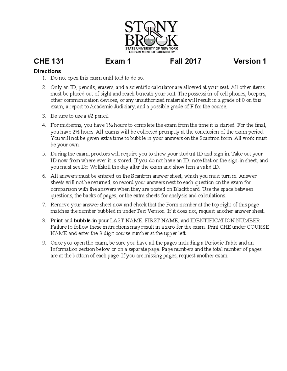 F17 131 E1 FA - practice exam - CHE 131 Exam 1 Fall 2017 Version 1 ...