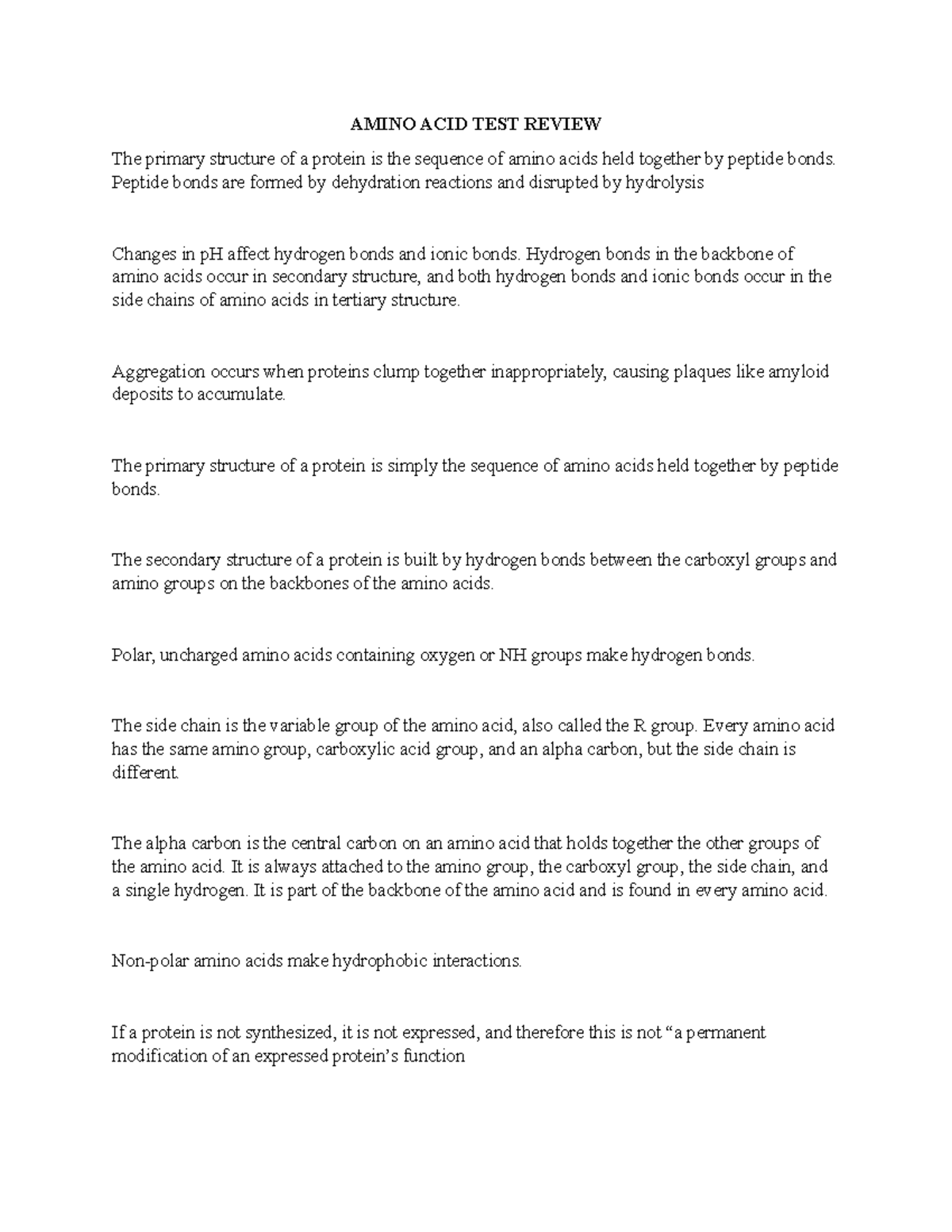 Biochemistry Amino ACID TEST Review questions - AMINO ACID TEST REVIEW ...