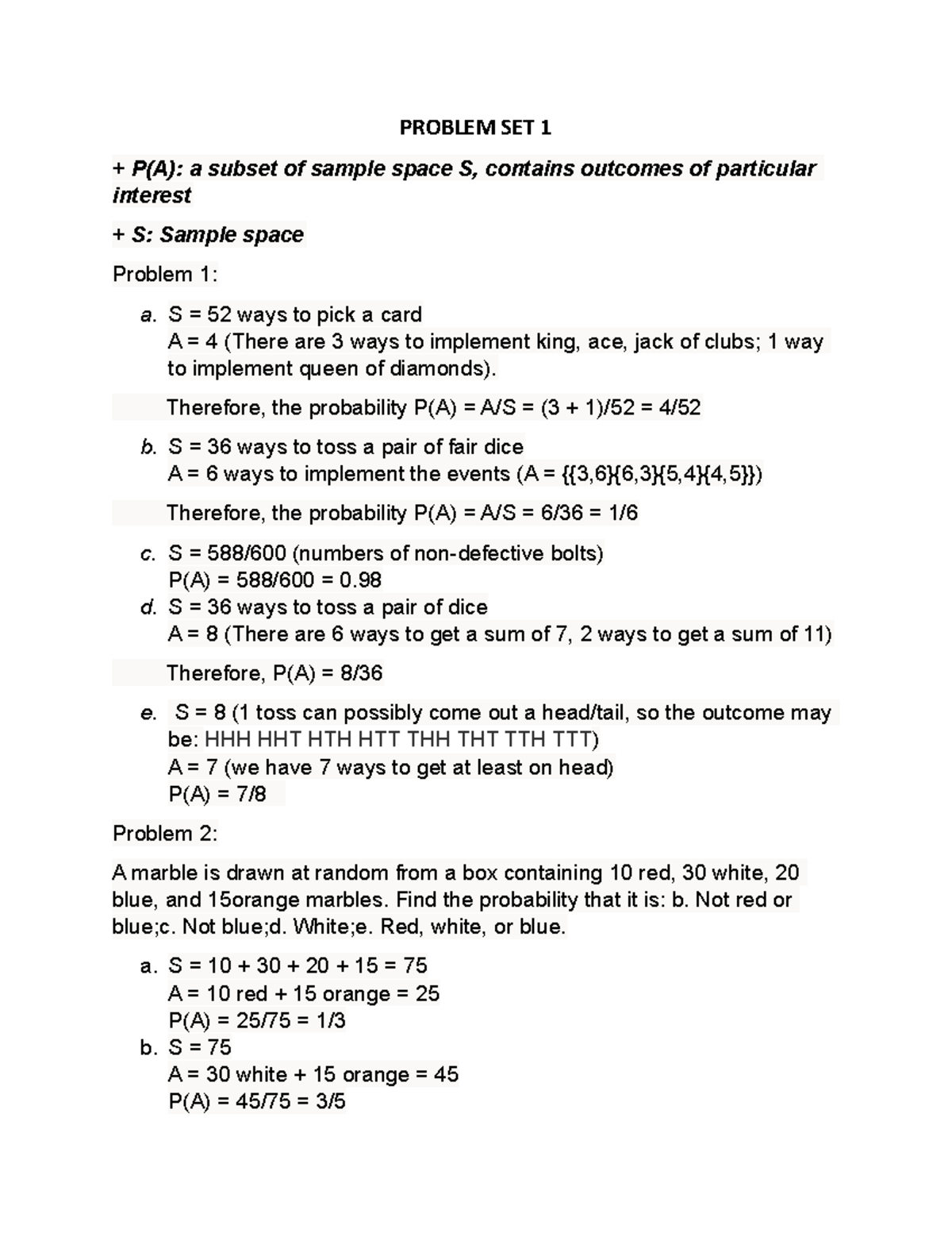 Problem set 1 of Probability and Statistics - PROBLEM SET 1 + P(A): a ...