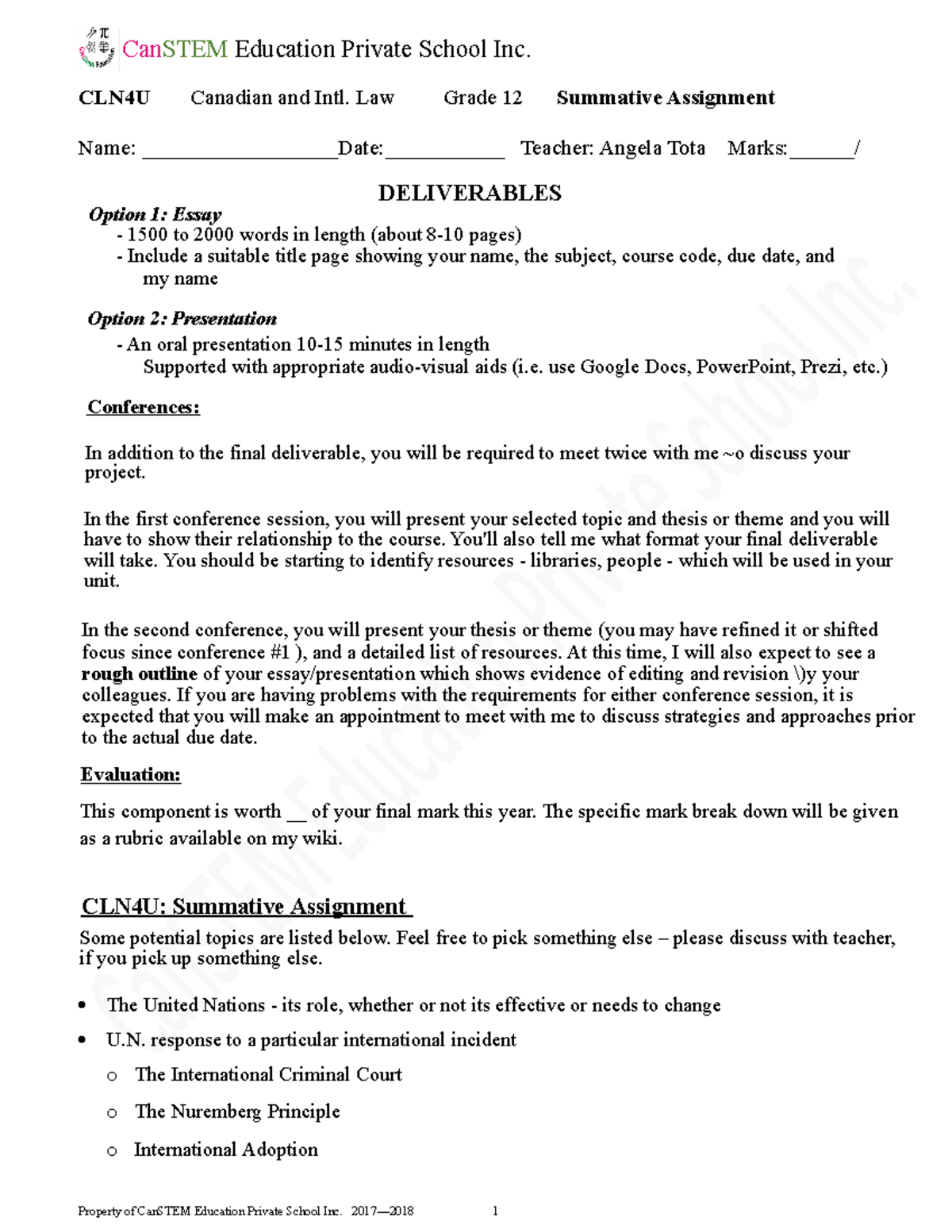 CLN4U Summative assignment - CanSTEM Education Private School Inc ...