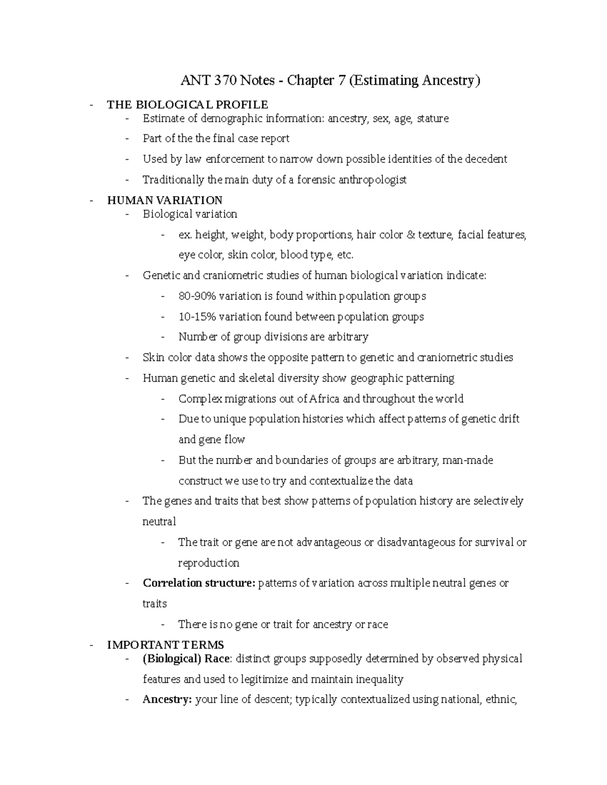 ANT 370 Notes - Chapter 7 (Estimating Ancestry) - ANT 370 Notes ...