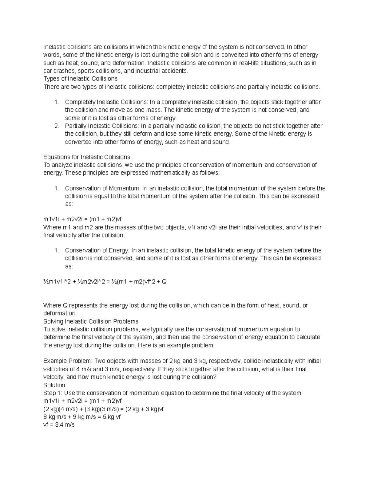 Inelastic collisions notes - Inelastic collisions are collisions in ...