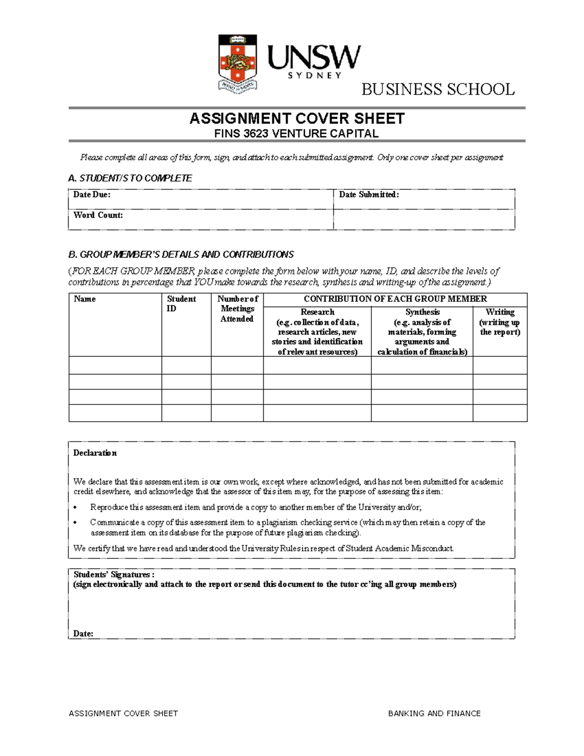 FINS3623 Cover sheet - BUSINESS SCHOOL ASSIGNMENT COVER SHEET FINS 3623 ...