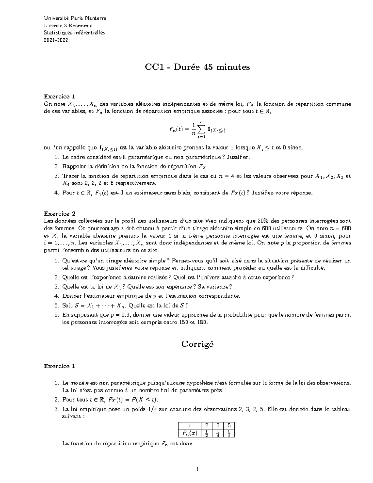 2021-2022 CC1 - cc de statistique inérentielle - Universit ́e Paris Nanterre Licence 3 Economie ...
