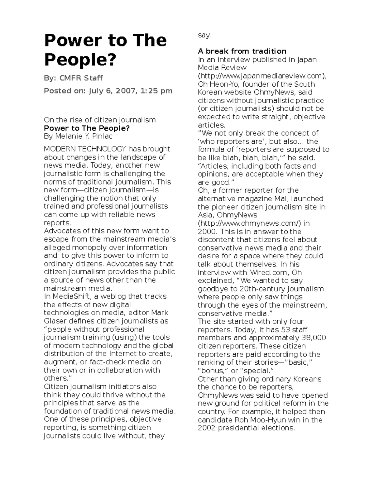 Group act 1 - Activity for Grade 12 MIL - Power to The People? By: CMFR ...