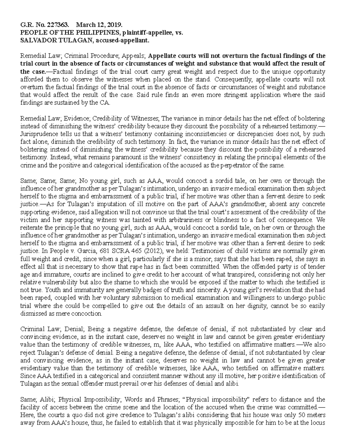 G.R. No. 227363 - People of the Philippines vs Tulagan Case Syllabus ...