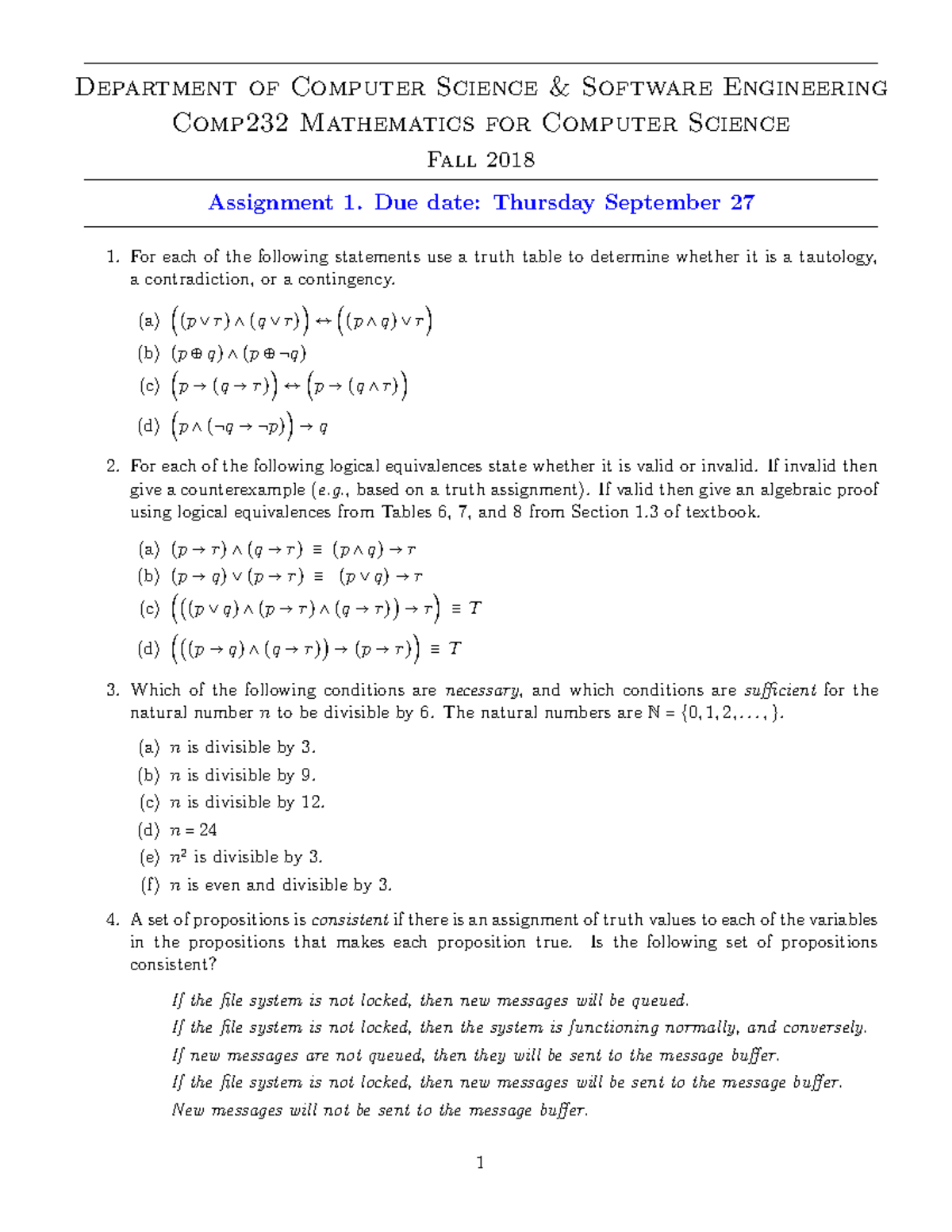 Assgn 1-fall 2018 - Department of Computer Science & Software Engineering Comp232 - Studocu