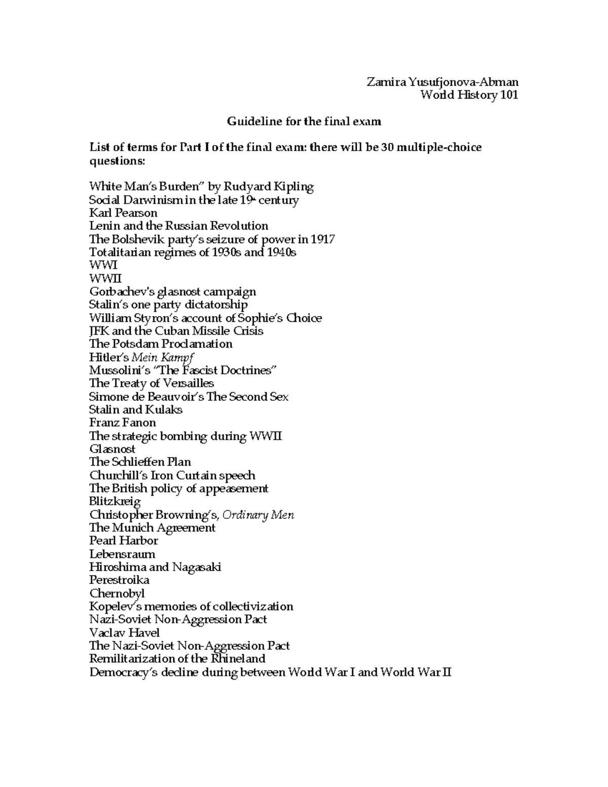 History final study guide - Zamira Yusufjonova-Abman World History 101 ...