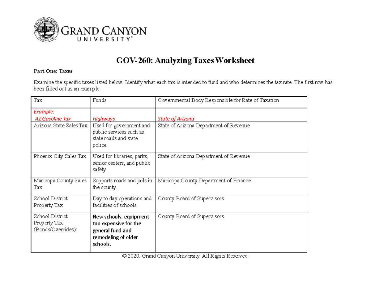 GOV-260-Analyzing Tax Worksheet - GOV-260: Analyzing Taxes Worksheet ...