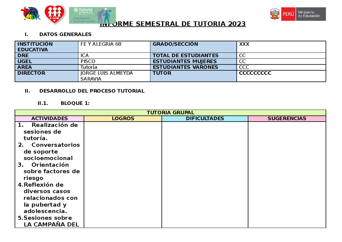 Informe Tutoria 1 X Kiochy Tucta 2023 - INFORME SEMESTRAL DE TUTORIA ...