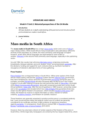 Study Notes Media Studies 1 Unit 1, History of the SA media - STUDY ...