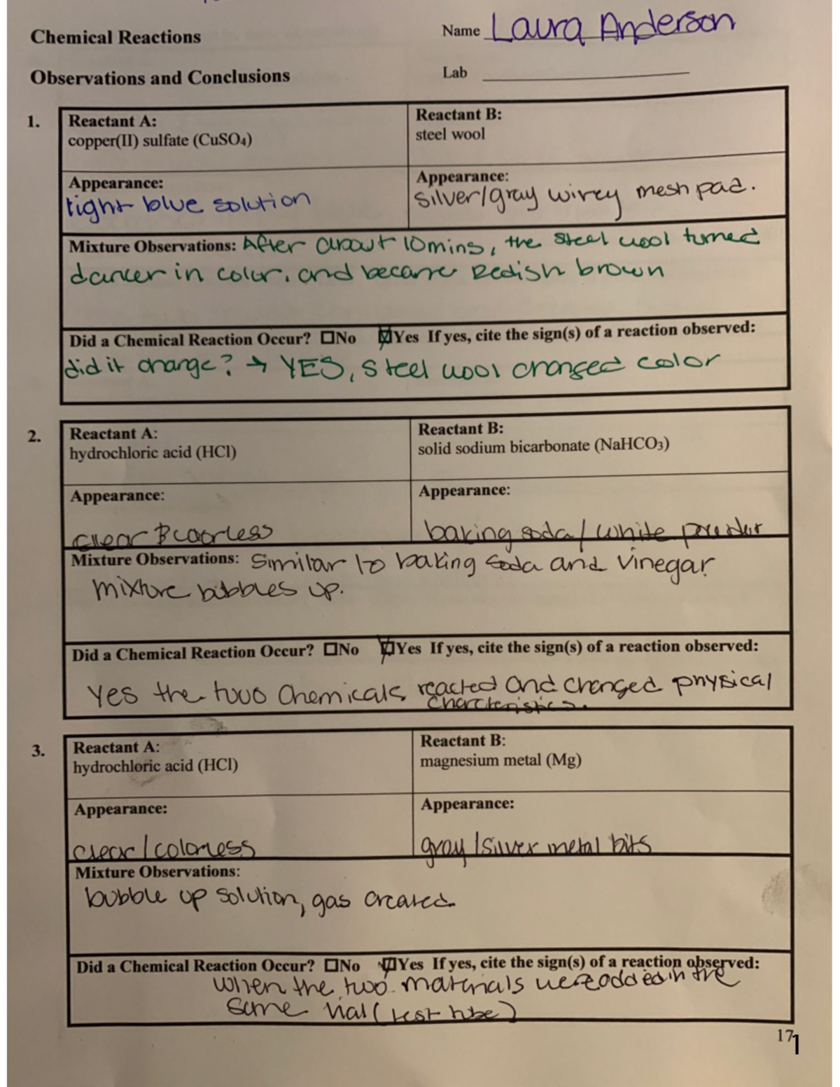 Chem reactions lab2 - Lab Questions and Answers for second lab - CHEM ...