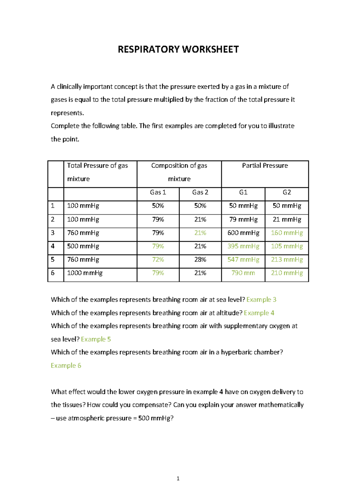 Respiratory revision worksheet answers 2021 - RESPIRATORY WORKSHEET A ...