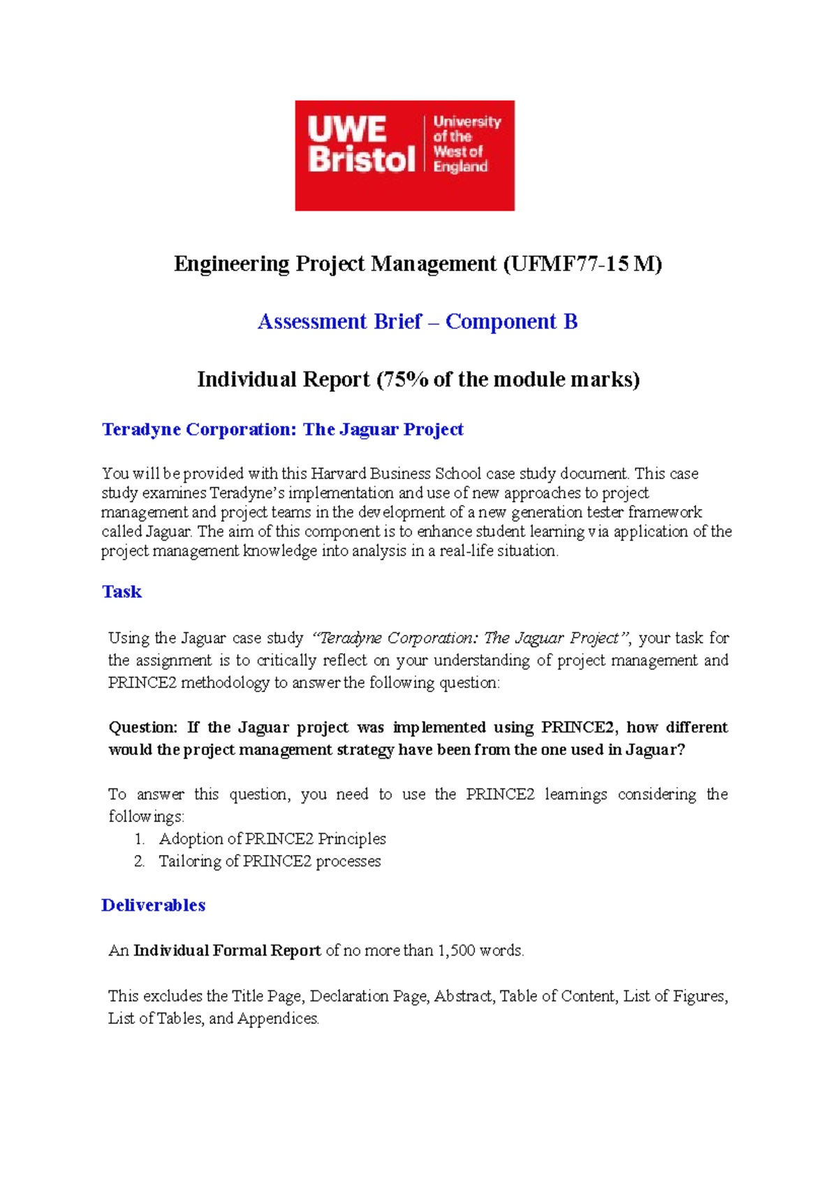 Project Management Coursework - Engineering Project Management (UFMF77 ...
