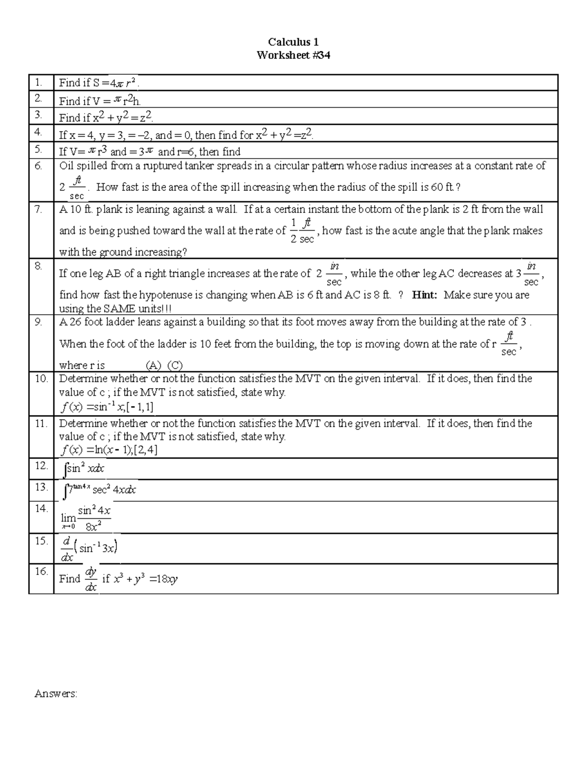 AB Ws 034 Related Rates 2012 - Calculus 1 Worksheet # Find if S = 4 r 2 ...