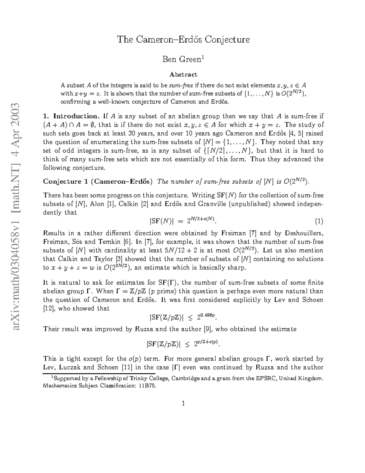 0304058 - Cours - arXiv:math/0304058v1 [math] 4 Apr 2003 The Cameron ...