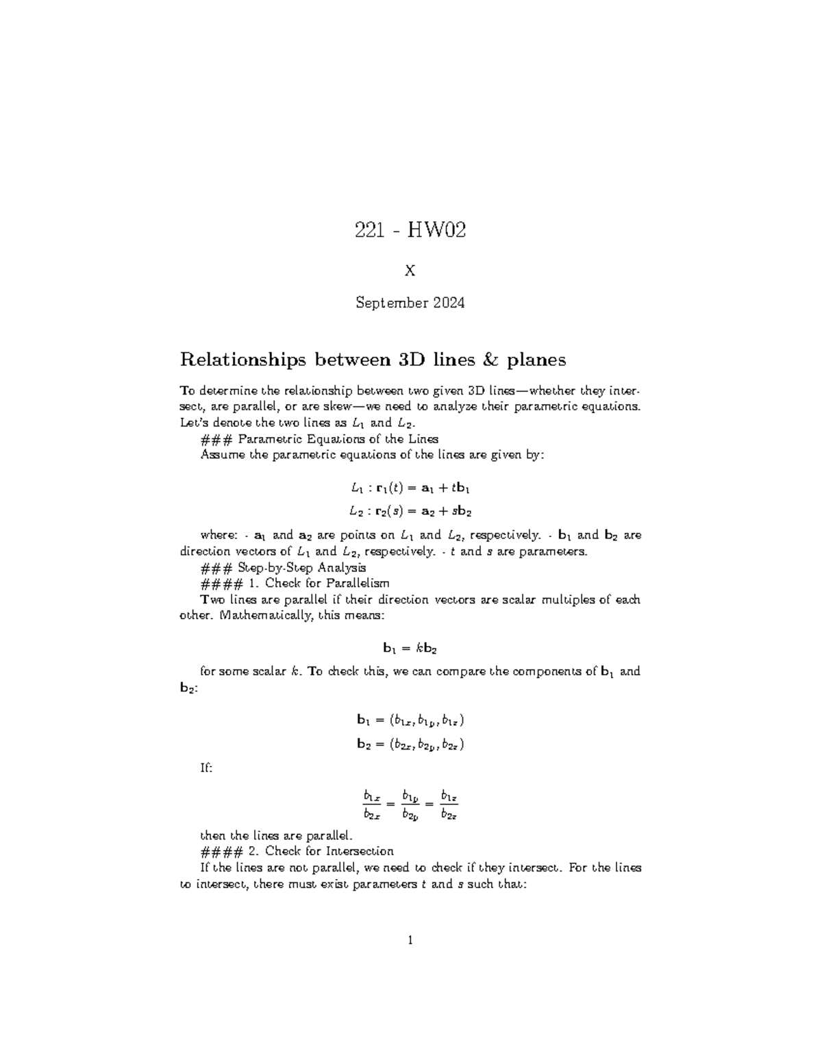 MATH 221 HW02 - HW02 - 221 - HW X September 2024 Relationships between 3D lines & planes To ...