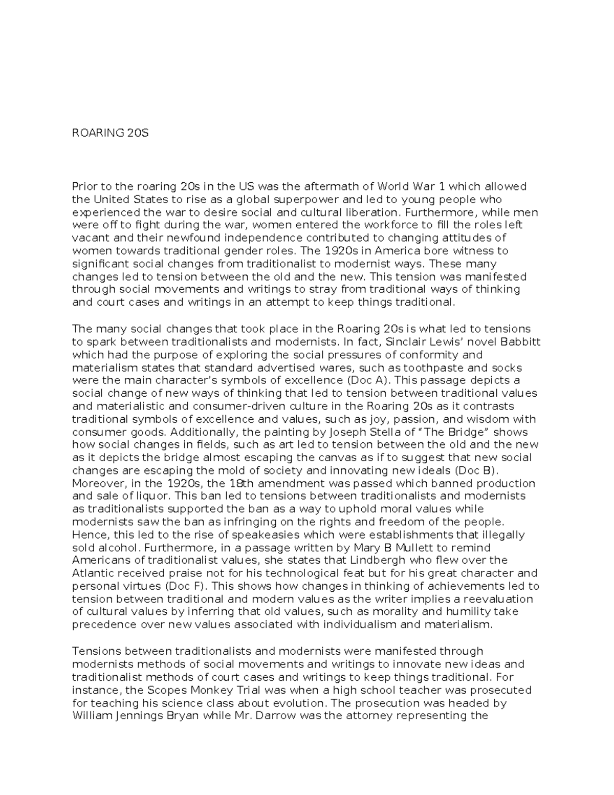 Roaring 20s essay - ROARING 20S Prior to the roaring 20s in the US was ...