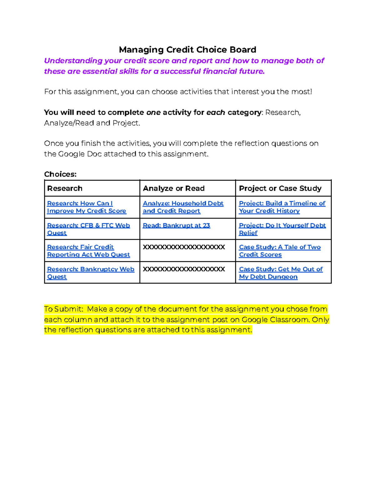 Copy of Managing Credit Choice Board - Managing Credit Choice Board ...