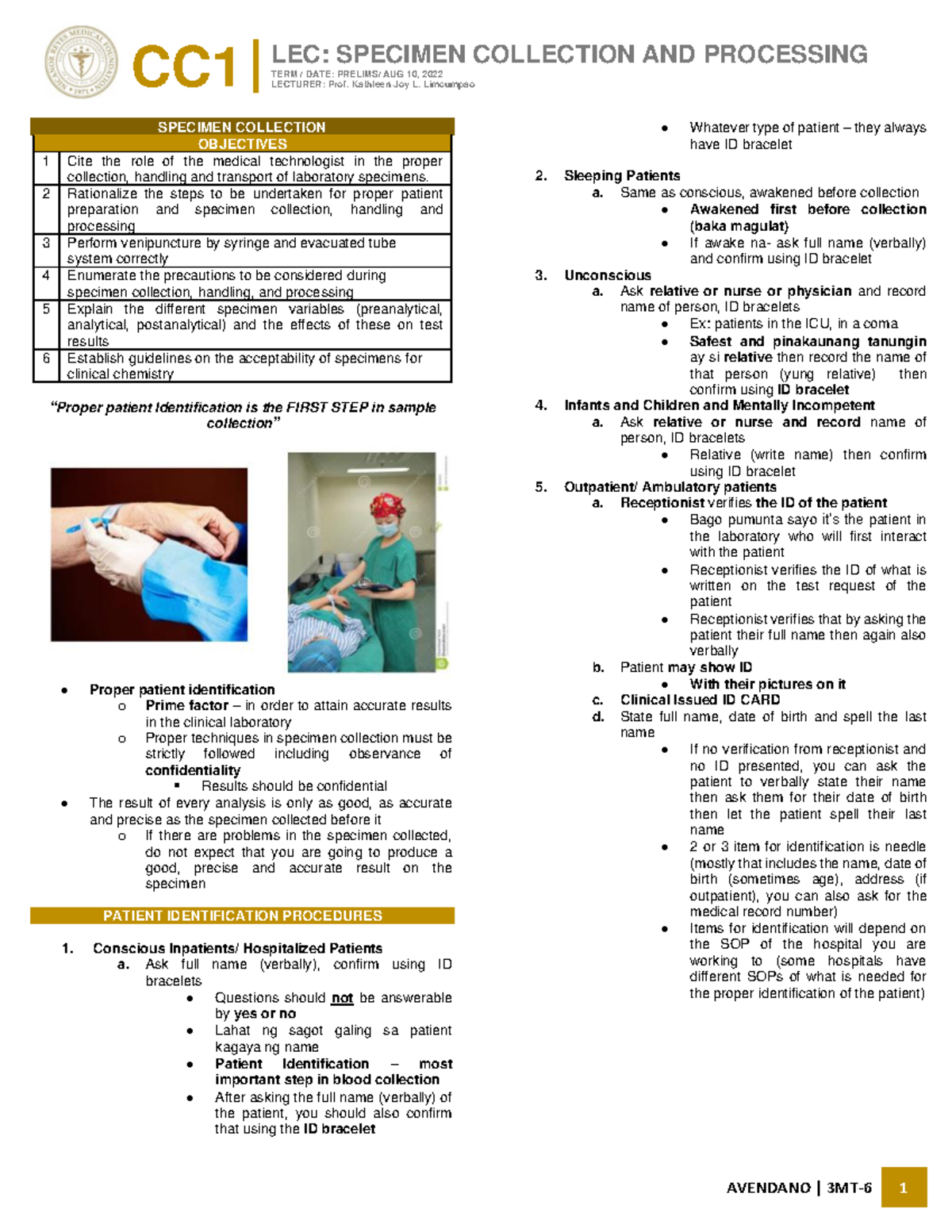 P#2[CC1-LEC] Specimen Collection and Processing - SPECIMEN COLLECTION OBJECTIVES 1 Cite the role ...