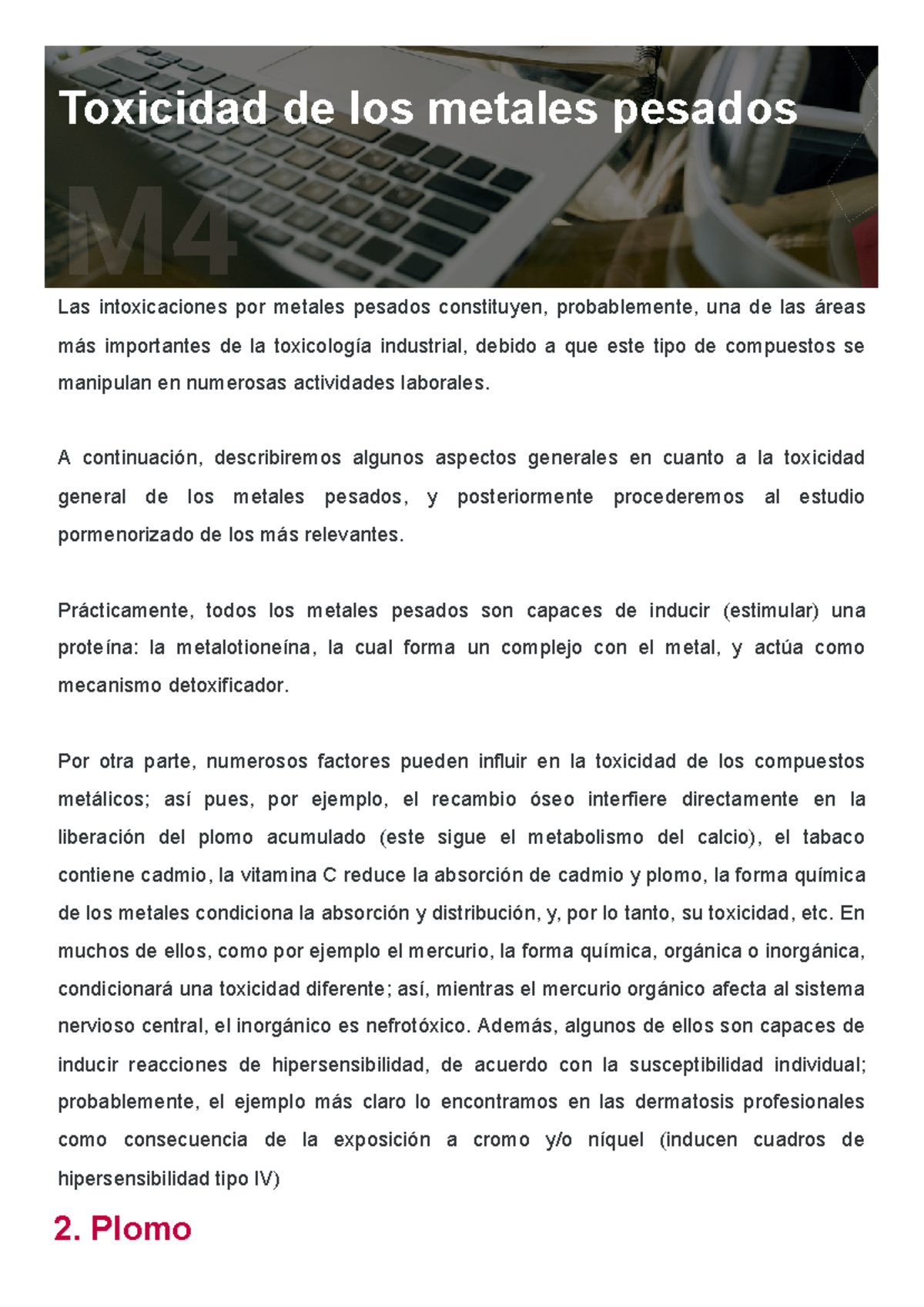 M4L2 - Lecturas obligatorias - Toxicidad de los metales pesados Las ...