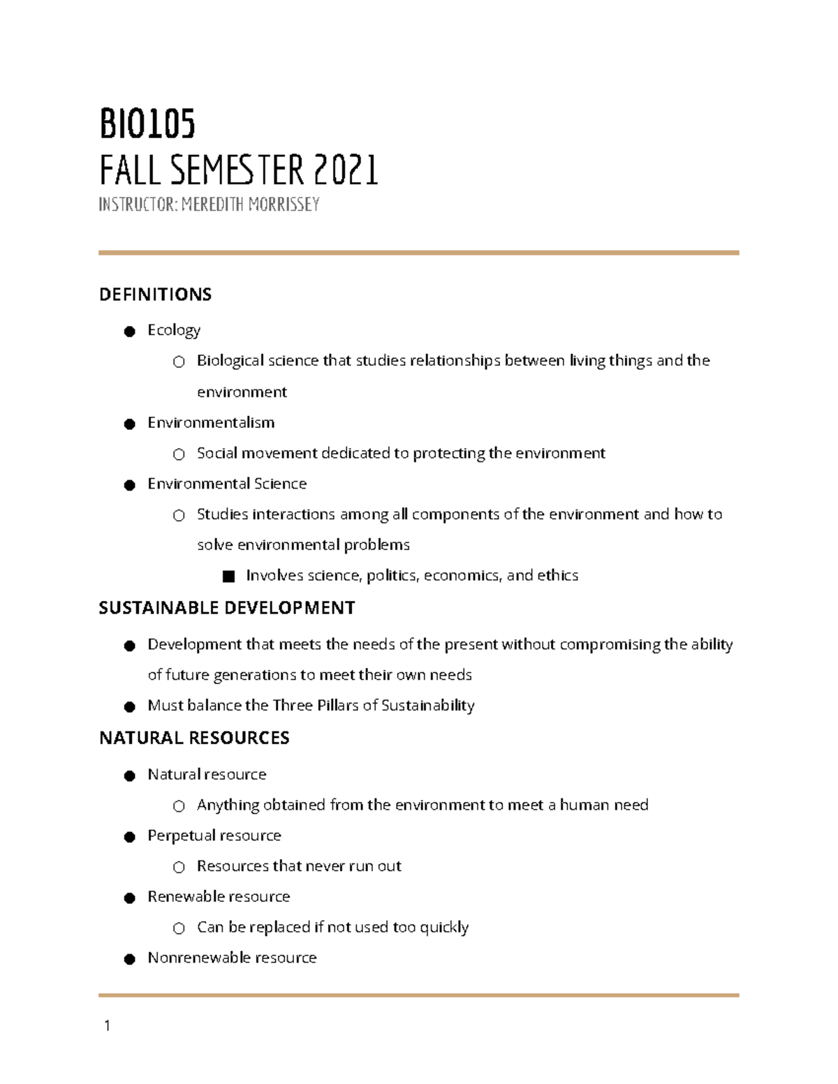 2. Environmental Science - BIO FALL SEMESTER 2021 INSTRUCTOR: MEREDITH MORRISSEY DEFINITIONS ...