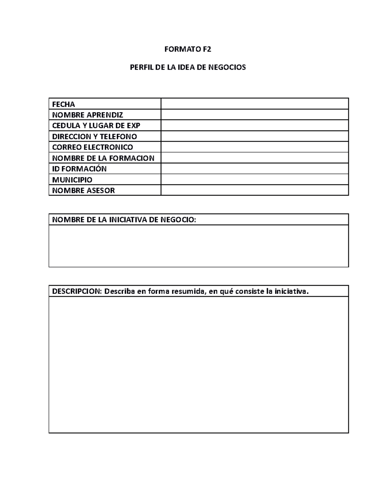 Formato F2 Nuevo - EMPRENDIMIENTO - FORMATO F PERFIL DE LA IDEA DE ...