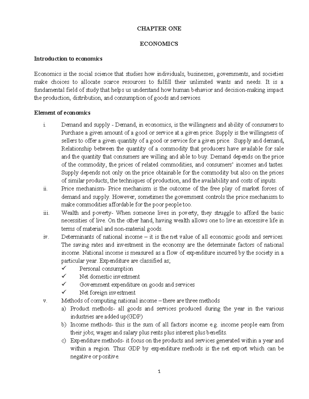 Social Studies Notes - CHAPTER ONE ECONOMICS Introduction to economics ...